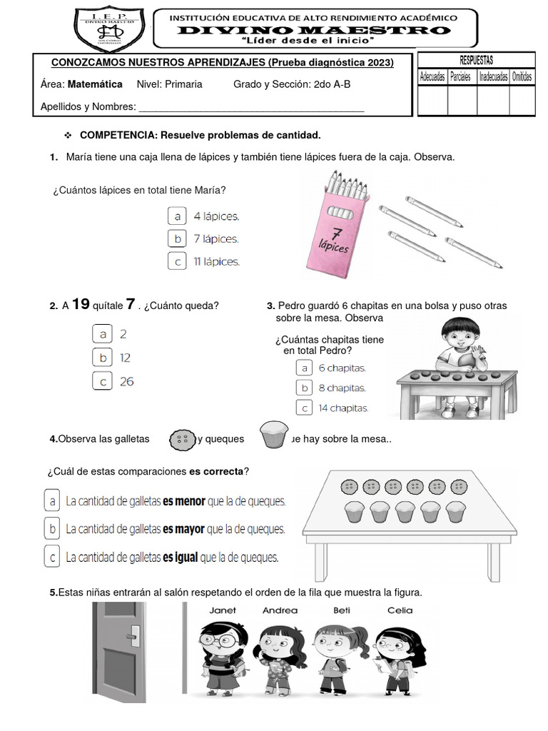 2DO PRIM - PRUEBA DIAGNÓSTICA- MATEMÁTICA | PDF