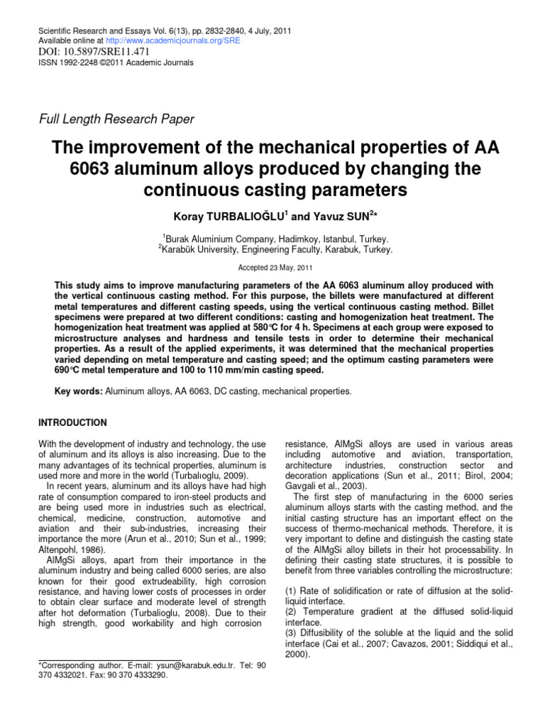 The Improvement of The Mechanical Properties of AA 6063 Aluminum Alloys Produced by Changing The ...