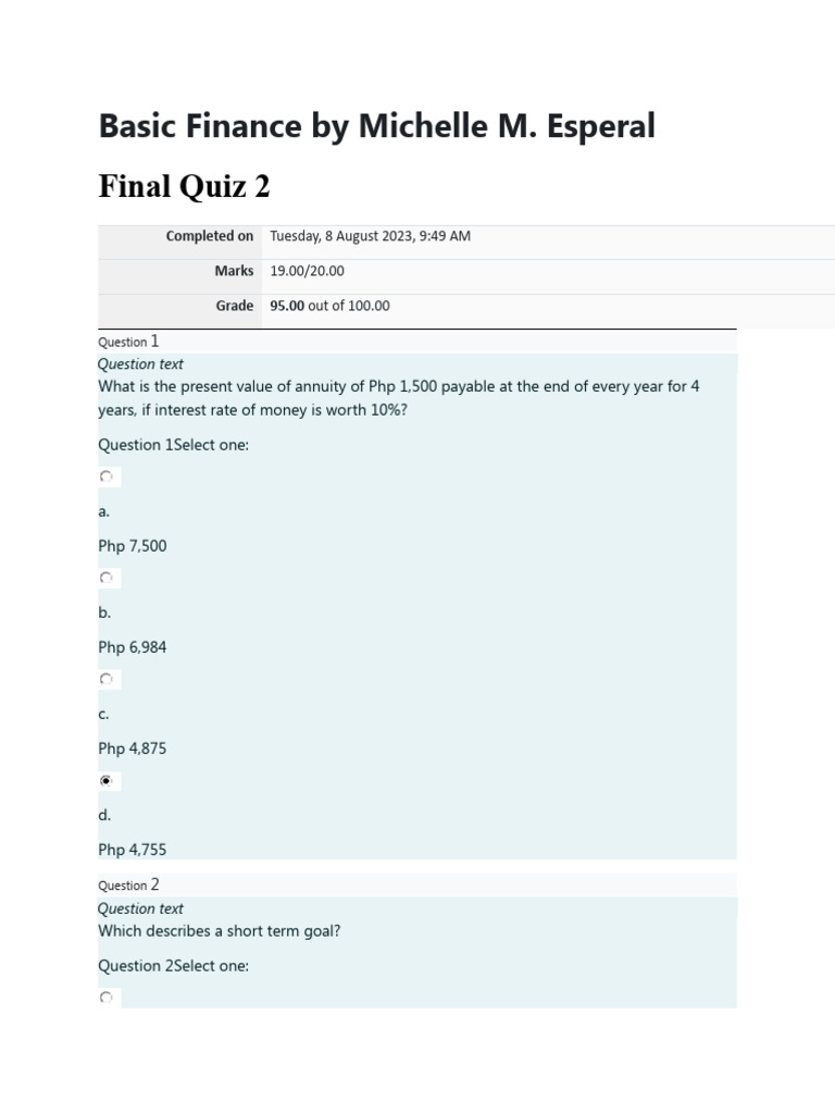 Basic Finance Final Q2 | PDF | Banks | Investing