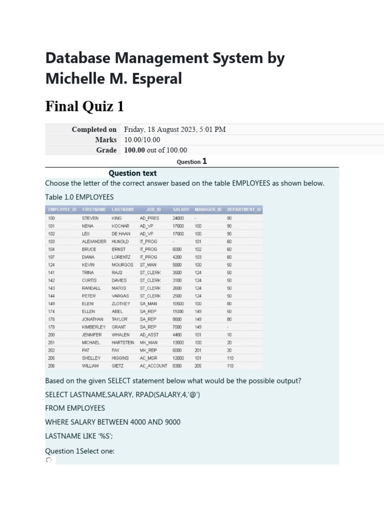 Database Management System Final Q1 | Download Free PDF | Data Management | Databases