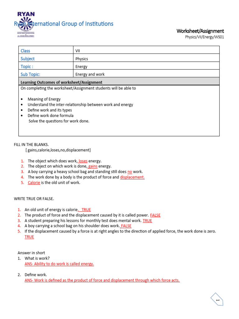 Class 7 Energy and Work Worksheet | PDF | Force | Metrology
