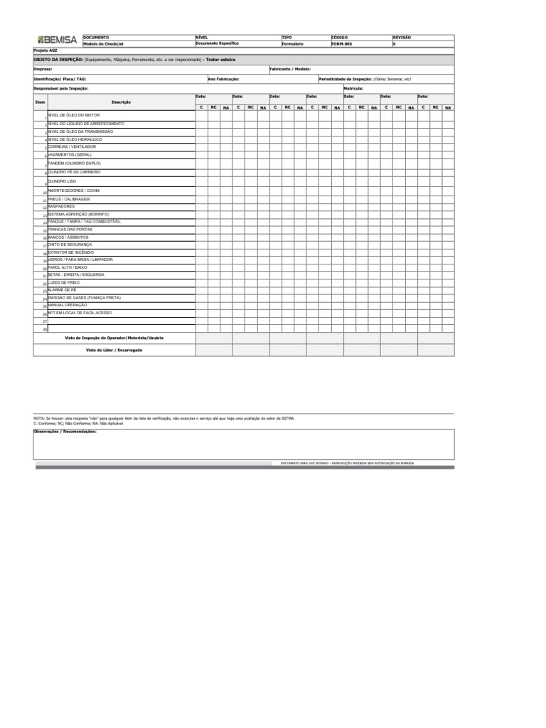 FORM-006 - Check List - Trator Esterira | Download grátis PDF | Trator ...