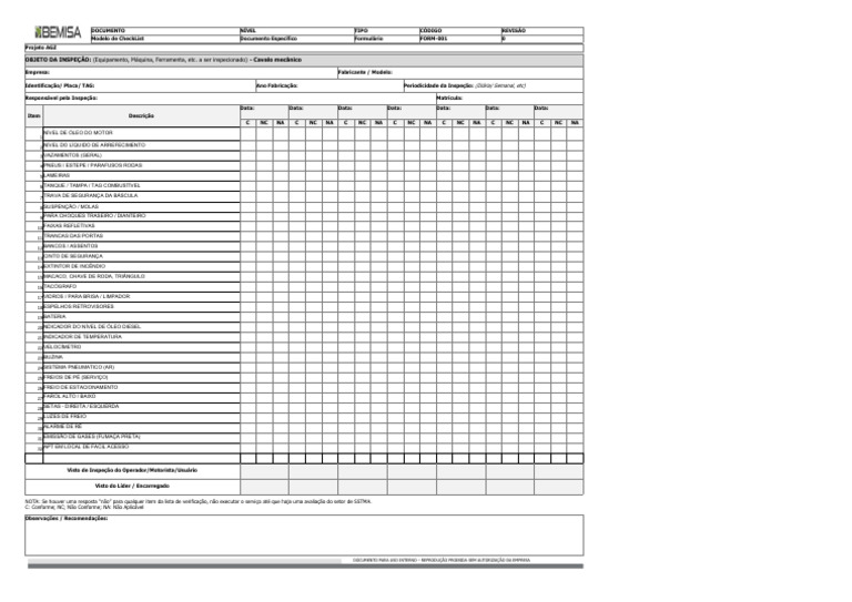 FORM-001 - Check List - Cavalo Mecânico | PDF | Trator | Pneu