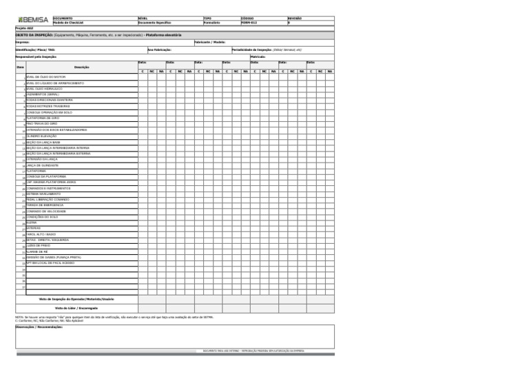 FORM-012 - Check List - Plataforma Elevatória | PDF FORM-012 - Check List - Plataforma Elevatória | PDF