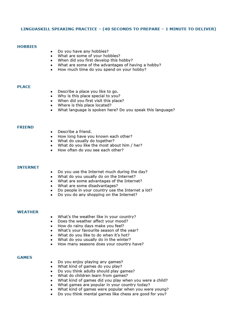 Linguaskill Speaking Practice (40 Seconds - 1 Minute) | PDF