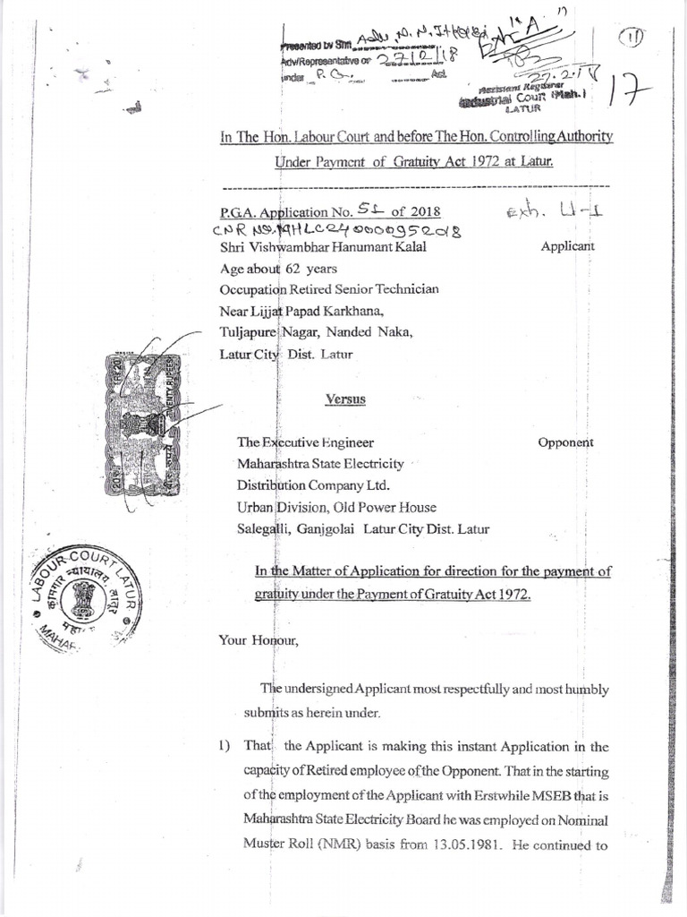Application Under Payment of Gratuity Act | PDF