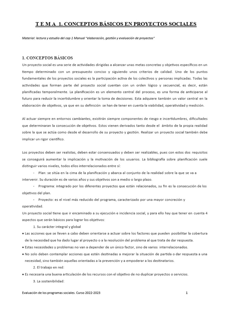 Tema 1. Conceptos Basicos en Proyecto Sociales. | PDF | Evaluación | Planificación