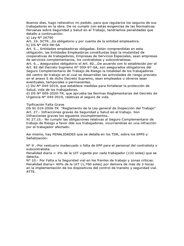 Observaciones de Empresas Subcontratista, SCTR, Seguro Ley Vida | PDF
