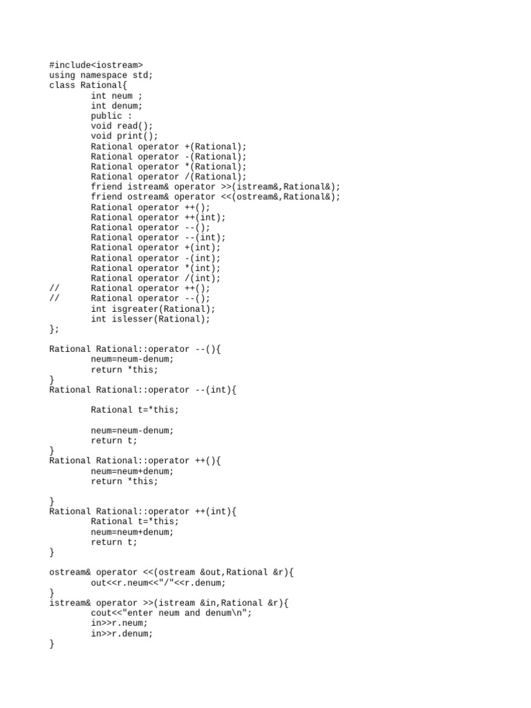 Operator Overloading Using Rational Numbers Pdf Computer Programming Software Engineering 