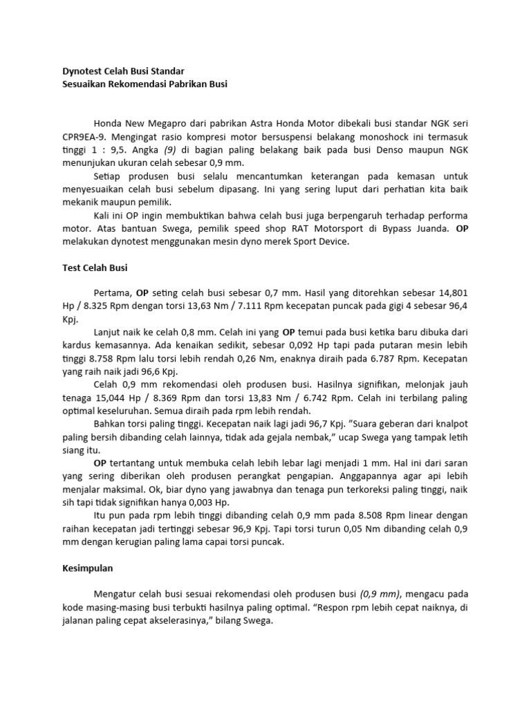 Optimalisasi Celah Busi Motor 0,9 mm | PDF | Teknologi & Rekayasa