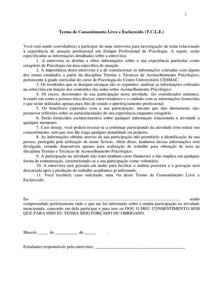 Modelo de TCLE | PDF | Entrevista | Psicologia