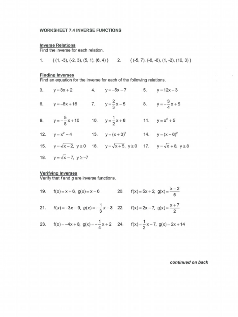 MCR3U Inverse Functions Worksheet | PDF