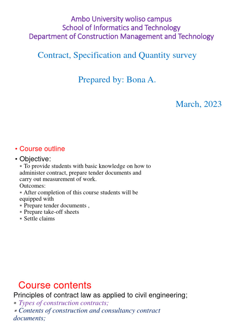 Contract Spec and Qty Surveying CoTM 3rd Yr 1 | PDF | Procurement | Specification (Technical ...