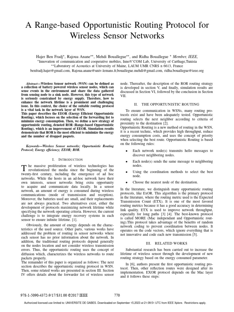 A Range-Based Opportunistic Routing Protocol For Wireless Sensor Networks | PDF | Routing ...