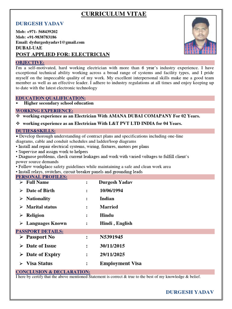 Electrician CV - Durgesh Yadav | PDF