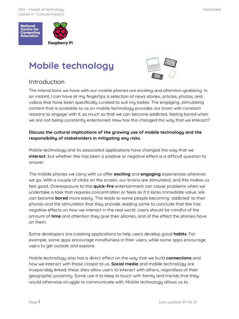 A4 Worksheet - Mobile Technology | PDF | Mobile Technology | Social Media