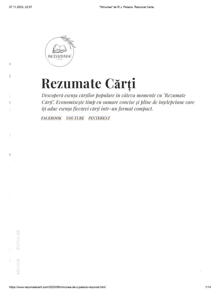 Minunea - de R.J. Palacio. Rezumat Carte | PDF