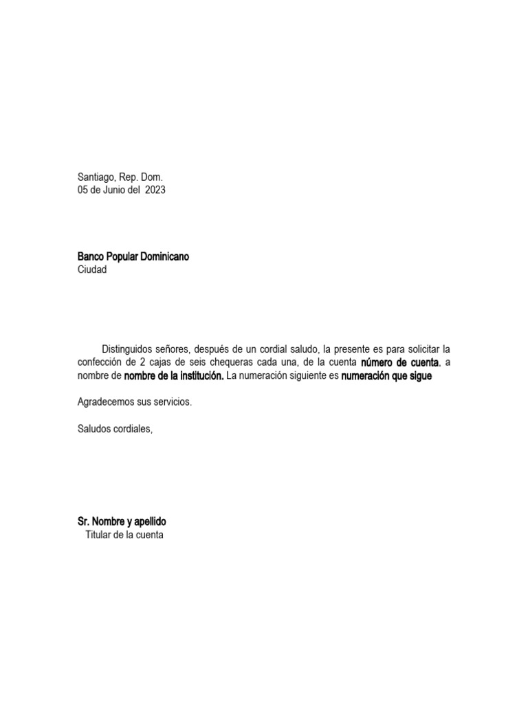 Modelo de Carta Confeccion de Chequera | PDF