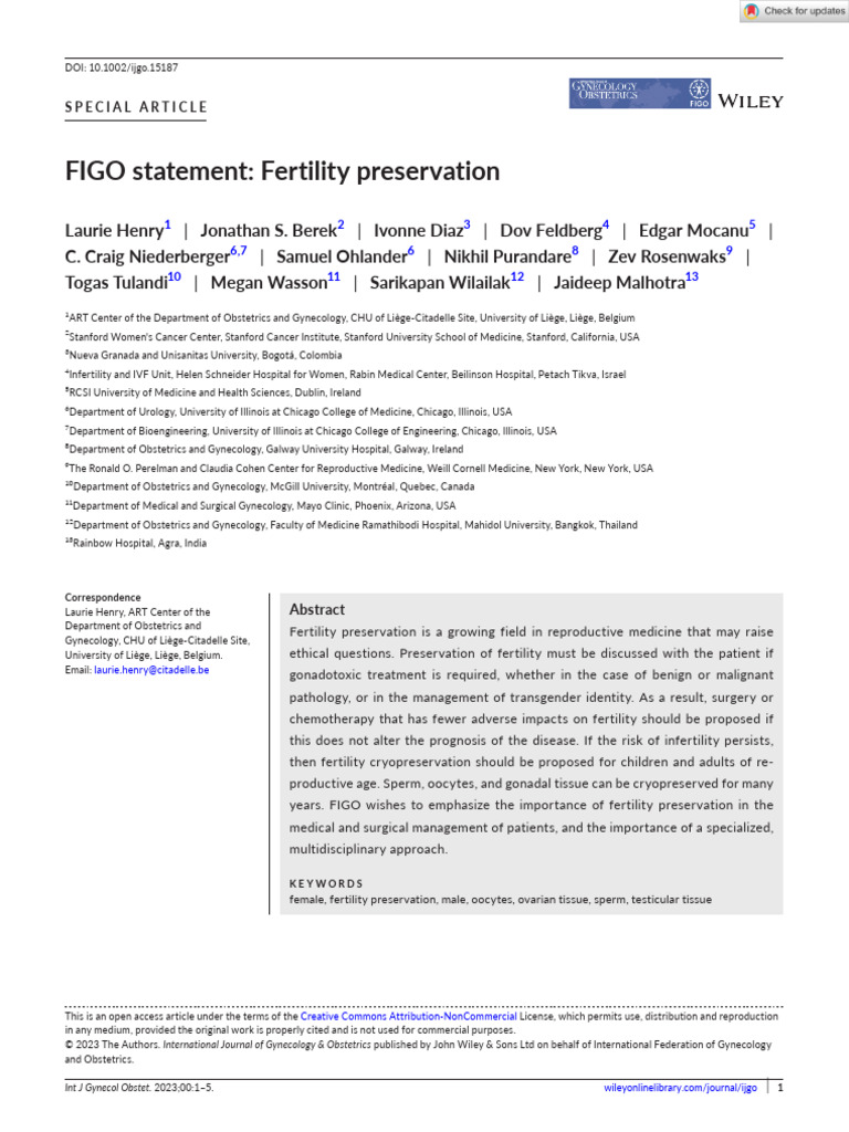 Intl J Gynecology Obste - 2023 - Henry - FIGO Statement Fertility ...