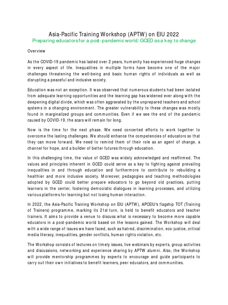 (APCEIU) 2022 APTW Concept Note - Comp | Download Free PDF | Pedagogy | Mentorship