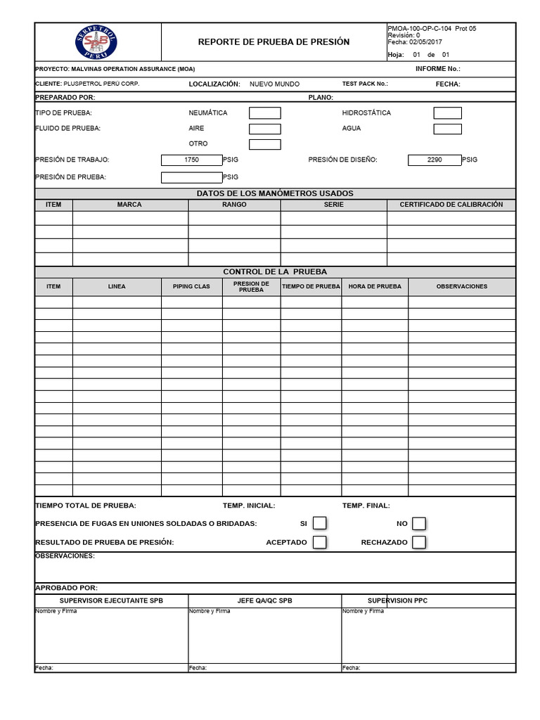 Reporte de Prueba de Presion | PDF | Presión | Ingeniería Química