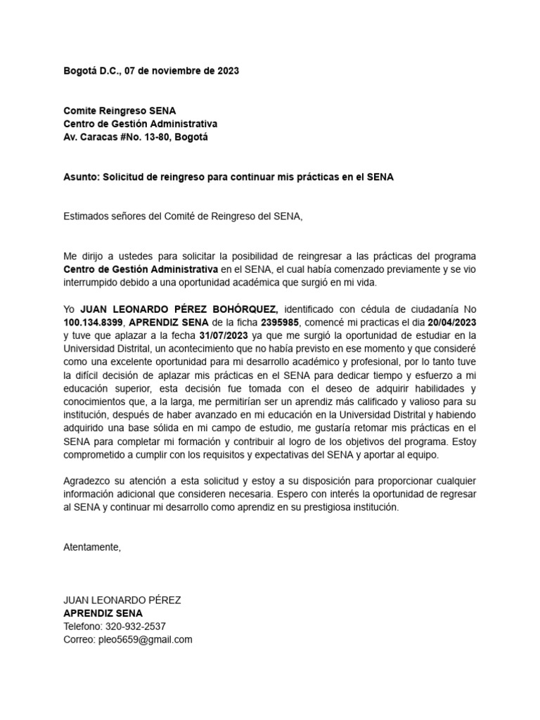 Solicitud de Reingreso Practicas | PDF