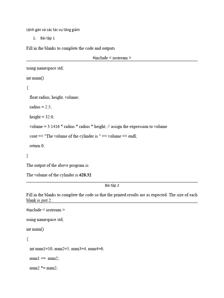 Lệnh gán và các tác vụ tăng giảm 1. Bài tập 1 | PDF | Namespace | Computer Programming