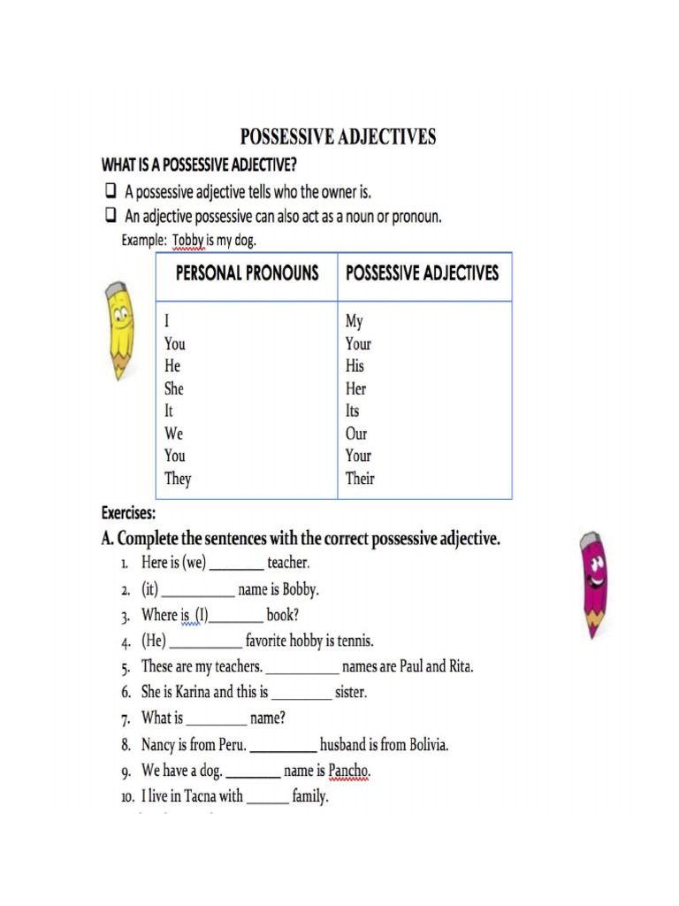 Possessive Adjectives Practice - 1 | PDF