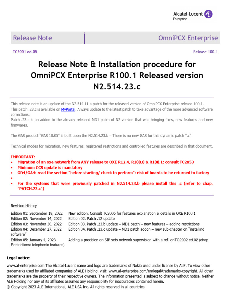 TC3001en-Ed05 Release Note and Installation Procedure OmniPCX Enterprise R100.1 Version N2.514. ...