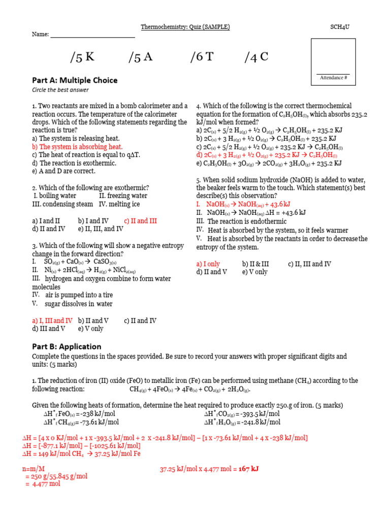 Thermochemistry Quiz for SCH4U Students | PDF | Sodium Hydroxide | Methane