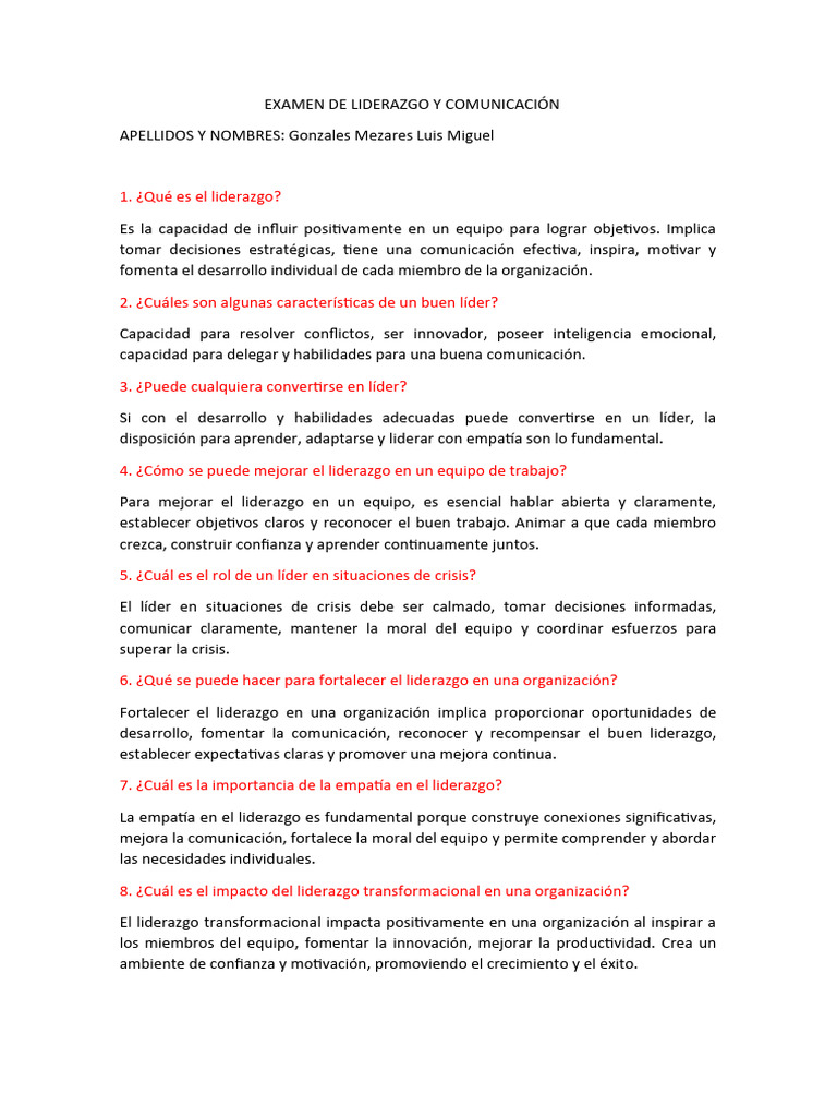 Examen de Liderazgo y Comunicación | PDF | Liderazgo | Empatía Examen de Liderazgo y Comunicación | PDF | Liderazgo | Empatía