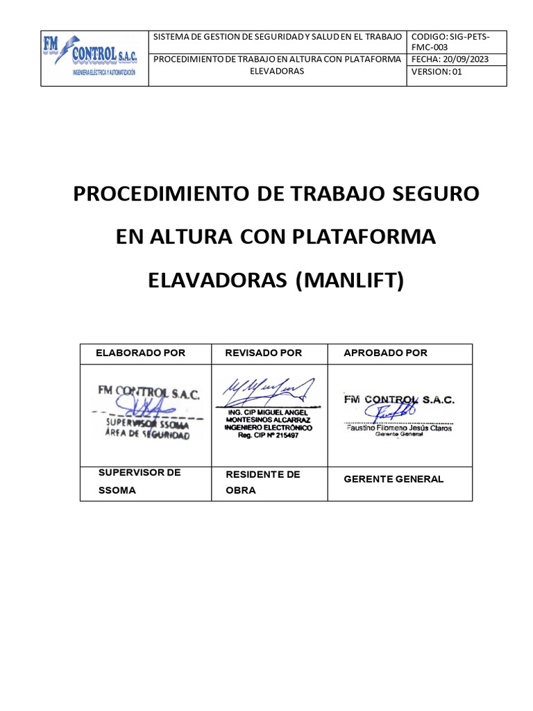 Procedimiento de Trabajo Uso de Manlift | PDF | Neumático | Relámpago