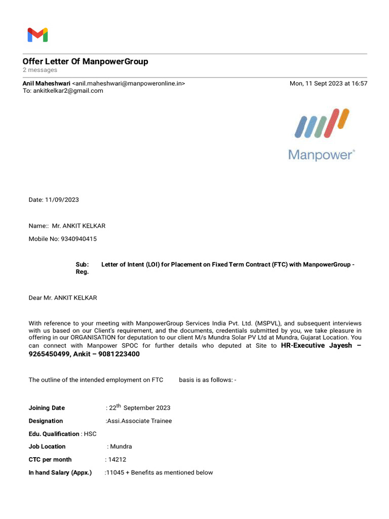 ManpowerGroup Offer Letter for Ankit Kelkar | PDF | Government