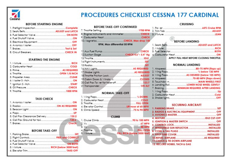 Cessna 177 Cardinal Checklist | PDF | Carburetor | Throttle