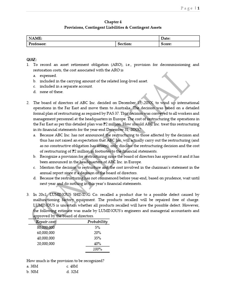 Quiz - Chapter 4 - Provisions, Cont. Liab. & Cont. Assets - 2021 | PDF | Insurance | Financial ...