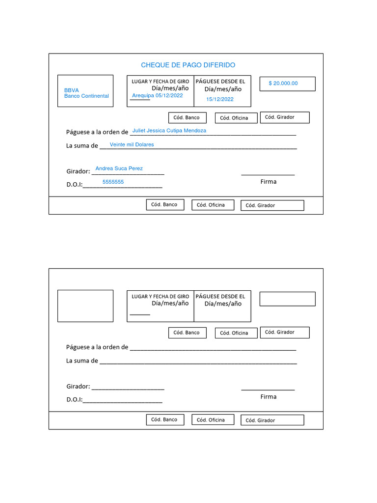 Modelo de Cheque Diferido JULIET CUTIPA | PDF