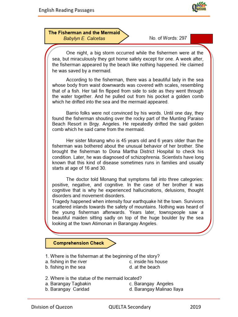 Grade 8 - Reading Comprehension Pretest | PDF | Mermaid | Mental Disorder