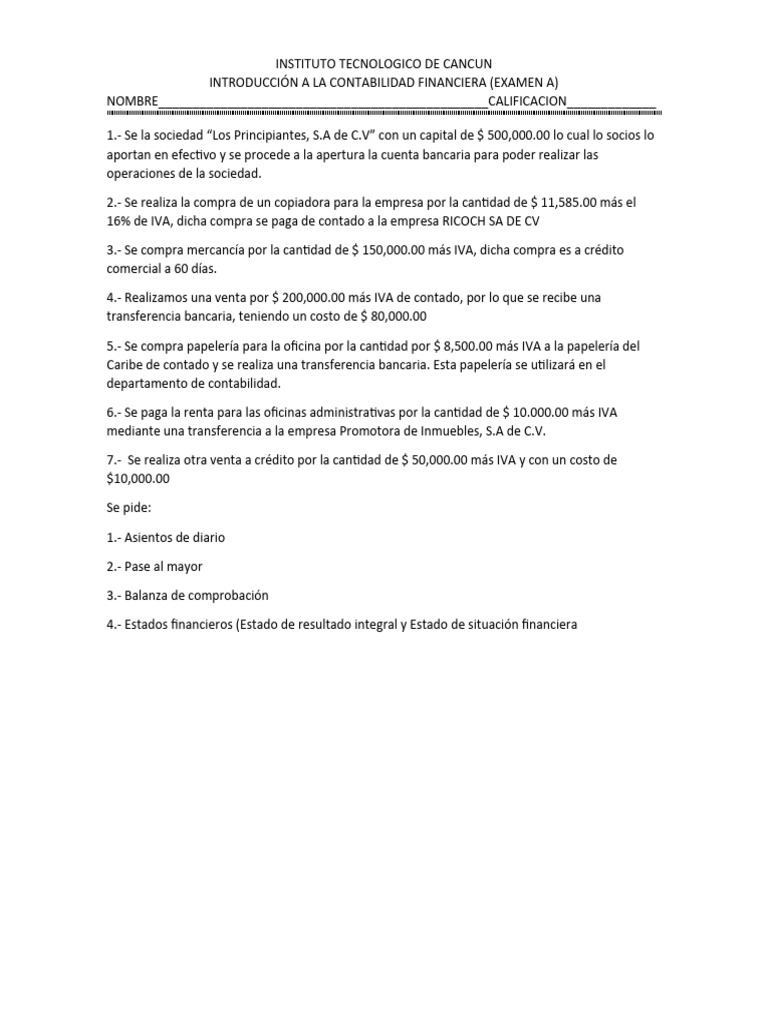 Examen Practico Unidad Uno | PDF | Bancos | Contabilidad