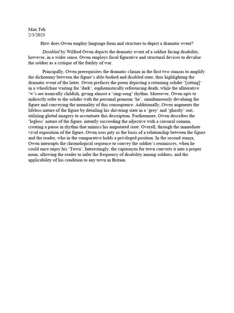 Disabled by Wilfred Owen Depicts The Dramatic Event of A Soldier Facing ...