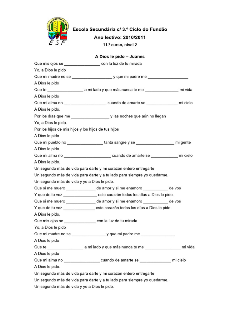 Letra de "A Dios le pido" de Juanes | PDF | Estudios de idiomas ...