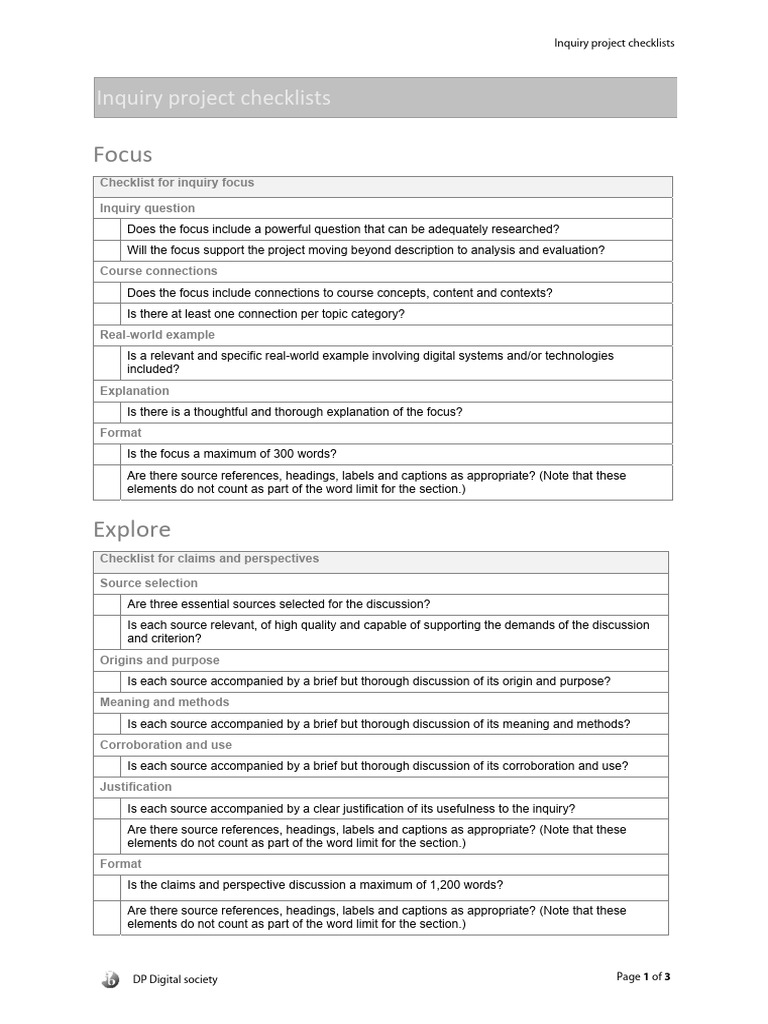 DS Inquiry Project Checklist en | PDF | Inquiry | Evaluation