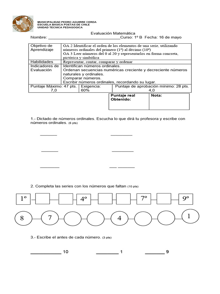 Evaluación 16-05 numeros ordinales | PDF