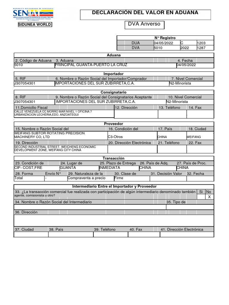 Declaración Del Valor en Aduana: DVA Anverso | PDF | Pago de regalías ...