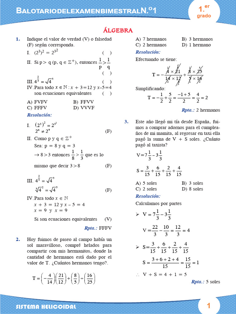 Helicobalotario (Bimestral I) - 1° - Algebra | PDF | Matemáticas | Álgebra