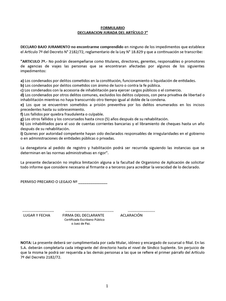 Formulario Declaracion Jurada Del Articulo 7 | Descargar gratis PDF | Ley Pública | Justicia