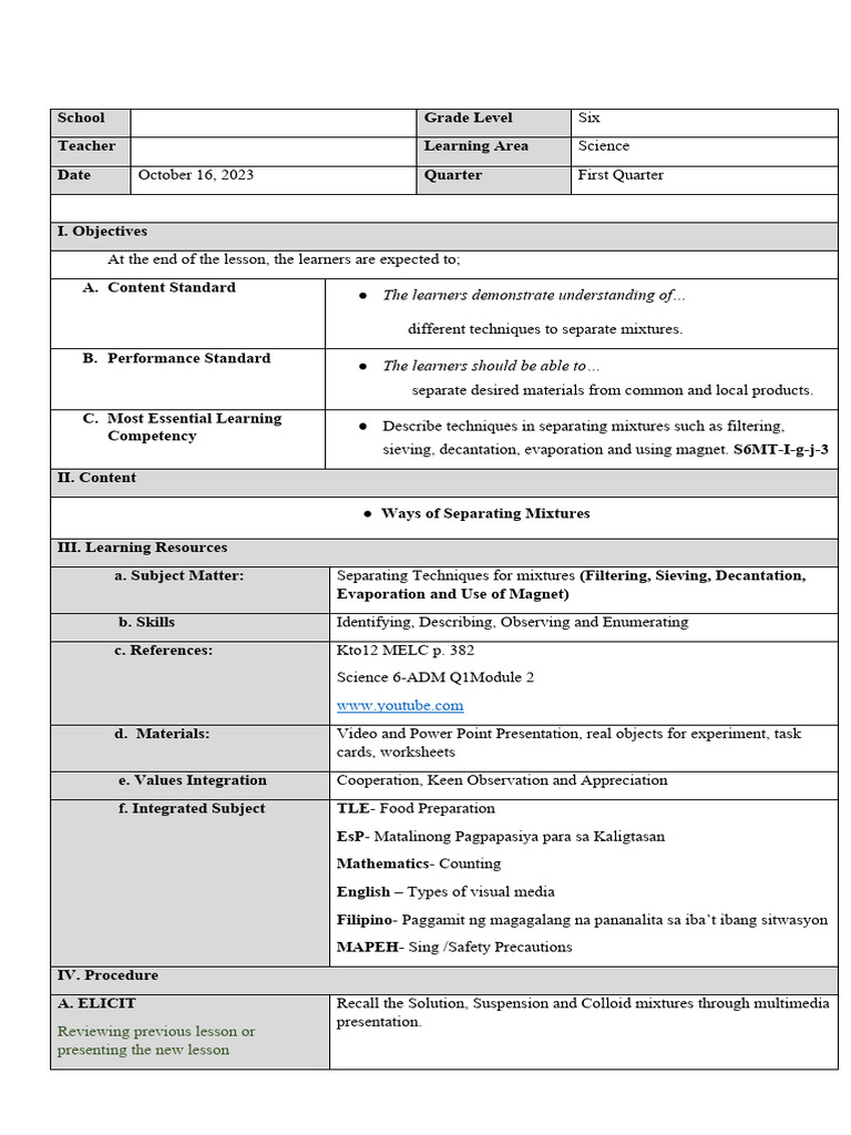 Science 6 q1 Cot Separating Mixtures | PDF | Filtration | Learning