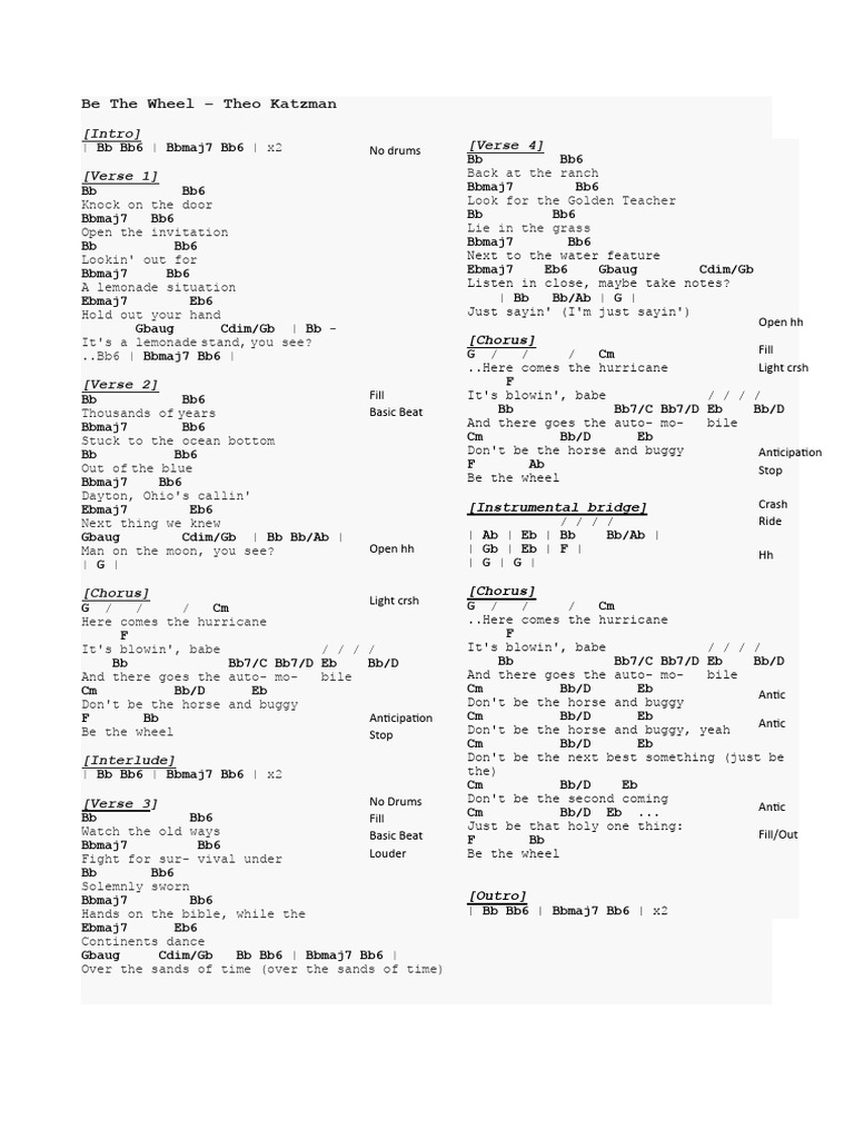 Be The Wheel Lyrics by Theo Katzman | PDF | Song Structure | Musical Forms