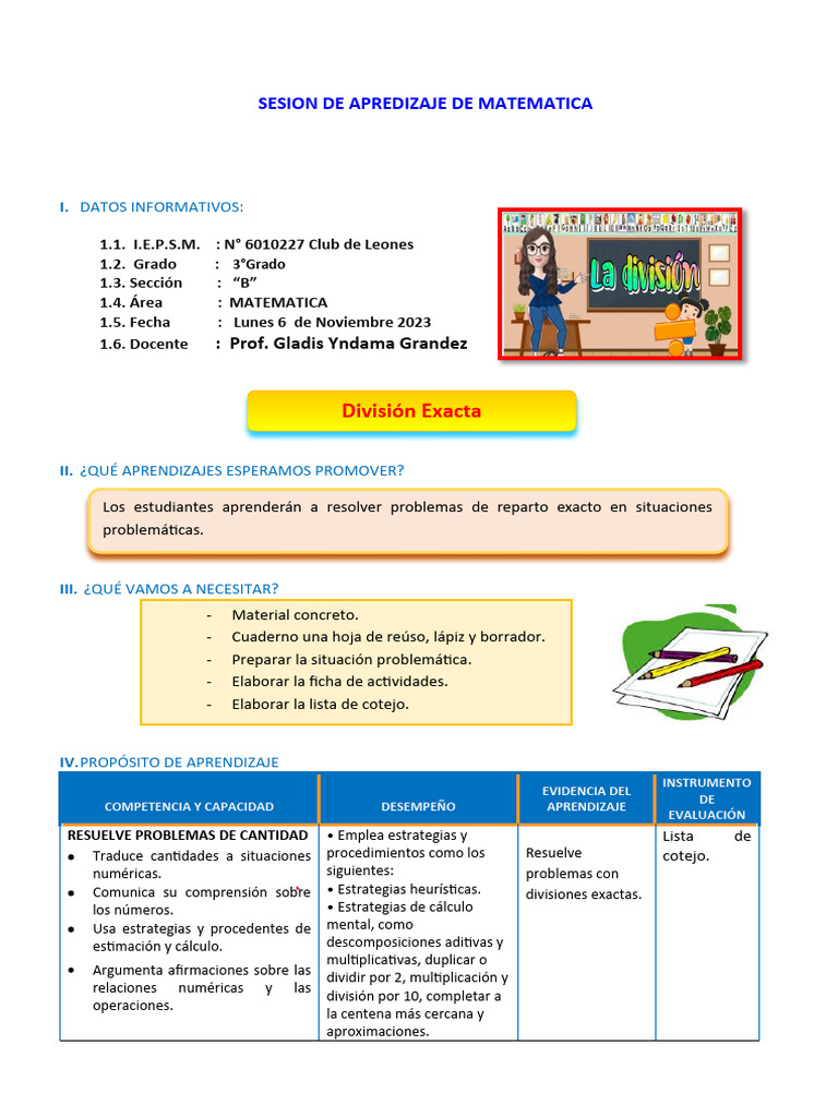 D2 A1 SESION MAT. División Exacta | PDF | Evaluación | Cognición D2 A1 SESION MAT. División Exacta | PDF | Evaluación | Cognición