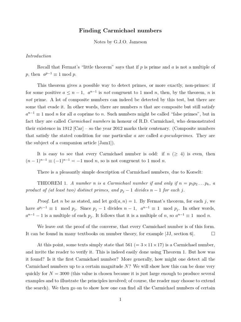 G.J.O. Jameson - Finding Carmichael Numbers | PDF | Theorem | Prime Number