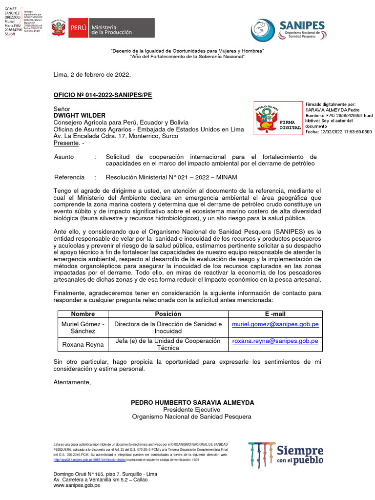 Oficio #014-2022-SANIPESPE 2-02-2022 | PDF